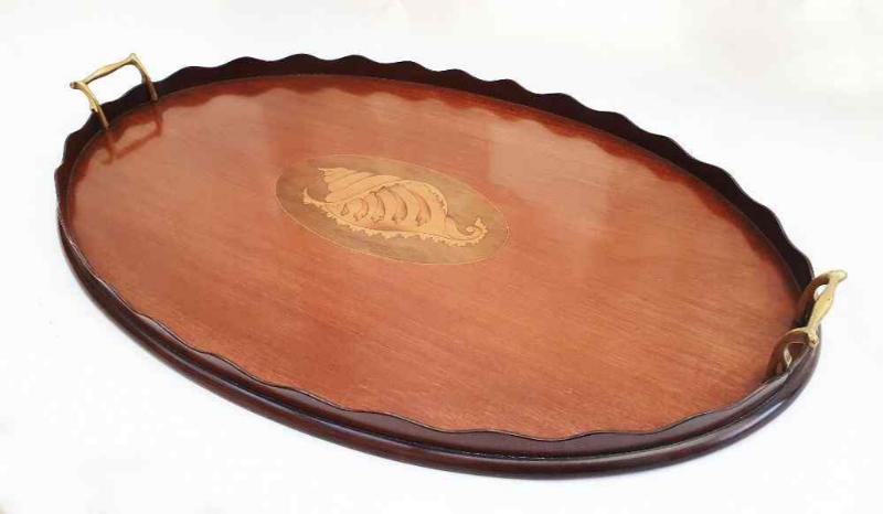Edwardian Mahogany Serving Tray, Shell Inlay and Brass Handles ...